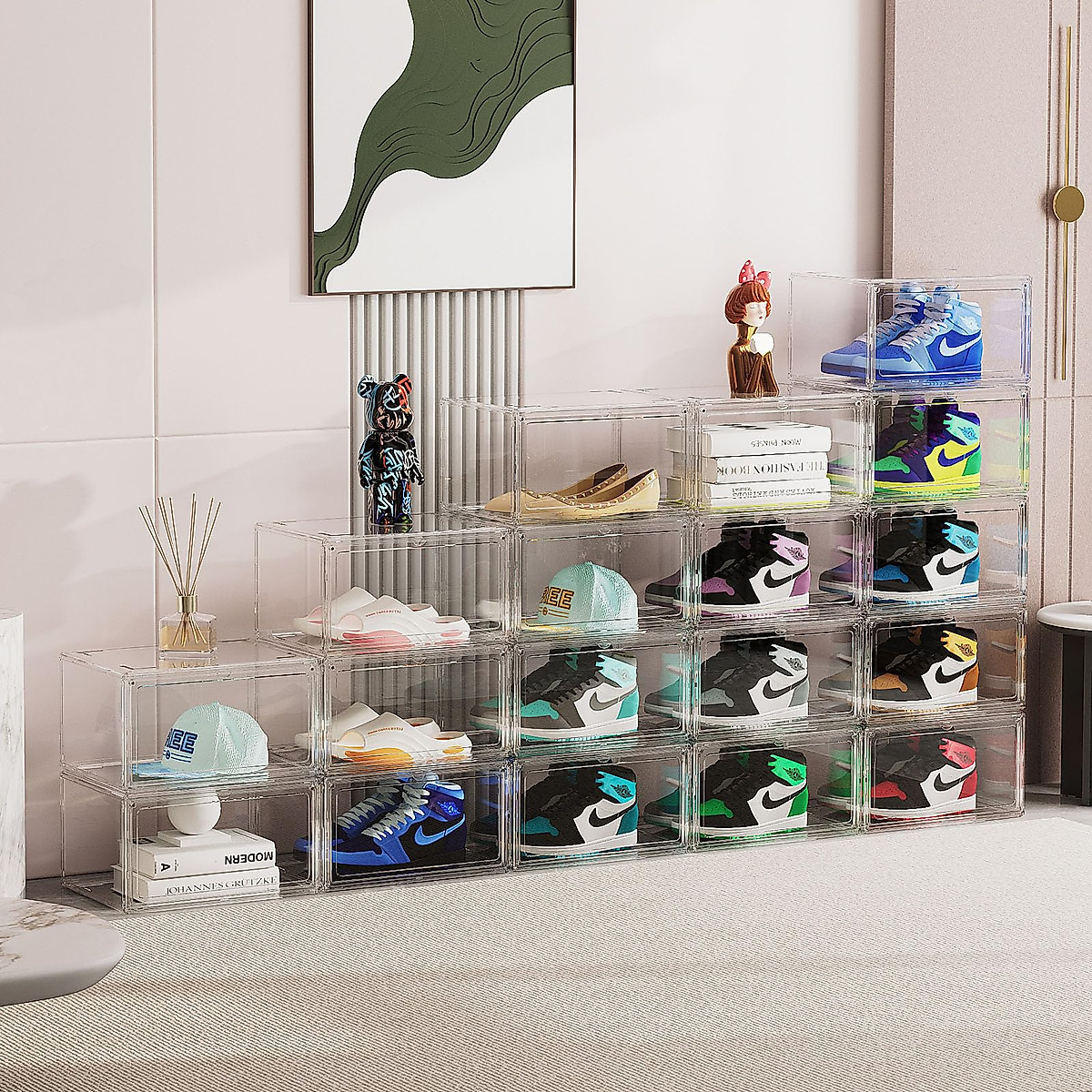 HIYOHIYO Acrylic Clear Shoe Storage Boxes Stackable for High-end Sports Shoes 360° Fully Transparent Display Box with Magnetic Door Suitable for Ankle Boots High Heels Size 14 (1-Pack)