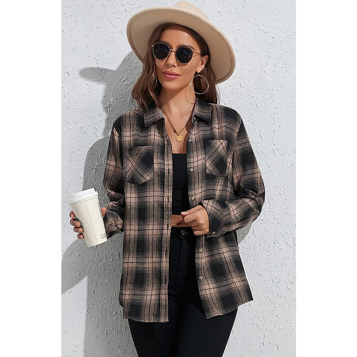 KevaMolly Plaid Long Sleeve Flannel Shirts for Women Loose Fit Boyfriend Button Down Shirt Casual Flannel Blouse Tops Brown Black M