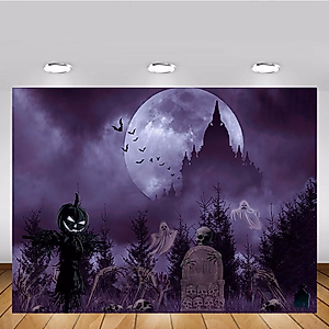 MEHOFOND 7x5ft Halloween Photography Backdrop Misty Forest Haunted House Decoration Purple Scarecrow Dark and Spooky Party Supplies Photography Background Zombie Themed Party Skeleton Prop