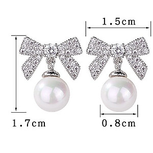 Platinum Plated Bow Tie Style Faux Pearl Statement Wedding Cocktail Party Dangle Drop Earrings (Silver)