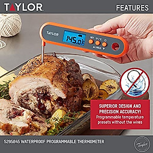 Taylor Digital Waterproof Food Meat and Candy Thermometer, with a Folding Probe, programmable presets, Backlit Display, andIncludes 2 AAA Batteries