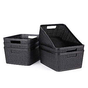 24 Pack Plastic Storage Baskets(Black), Small Pantry Organization and Woven Storage Bins for Organizing Home&Kitchen, Bedroom&Bathroom, Desktops&Cabinets-9.53" x 7.36" x 4.13"