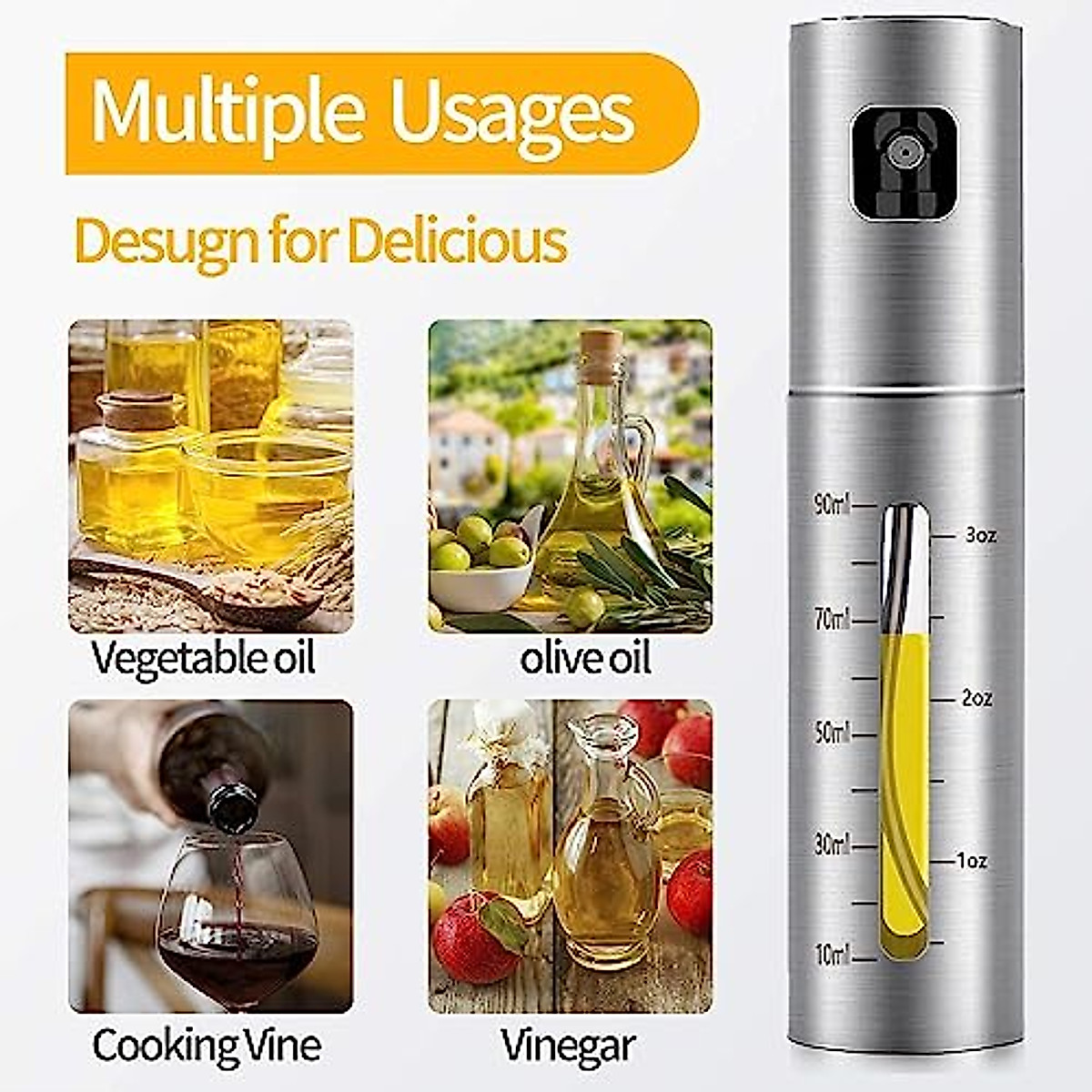 3oz Oil Sprayer for Cooking Stainless Steel, Olive Oil Spray Bottle Refillable with Trigger Scale Large Capacity Oil Mister Spray for Popcorn Salad A
