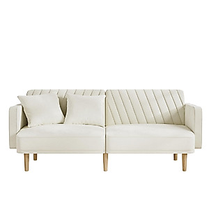 OUYESSIR Futon Sofa Bed, 75.3", Couch, Small Sofa, Sleeper Sofa, Loveseat, Mid Century Modern Velvet Futon Couch with 2 Pillows for Living Room (Beige White Velvet, Futon)