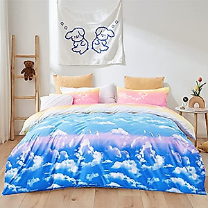 HYPREST Rainbow Duvet Cover Set Queen Size, Ultra Soft Aesthetic Comforter Cover Pink Bedding Set with Zipper and Corner Ties, Oeko-TEX Certificated