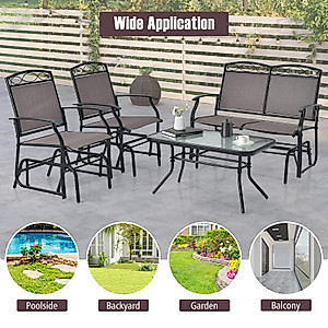 Giantex 4 PCS Outdoor Glider Chairs Set - Patio Furniture Set with Tempered Glass Table, Heavy-Duty Metal Frame, Gliding Rocking Chair, Conversation Set for Front Porch, Yard, Poolside (4 PCS, Brown)