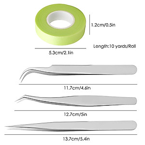 3 Rolls Eyelash Extension Tape with Tweezers, SourceTon Micropore Fabric Tape Roll 0.5 Inch 10 Yards (Green) with 3 PCS Straight Pointed and Curved Tweezers (Silver)