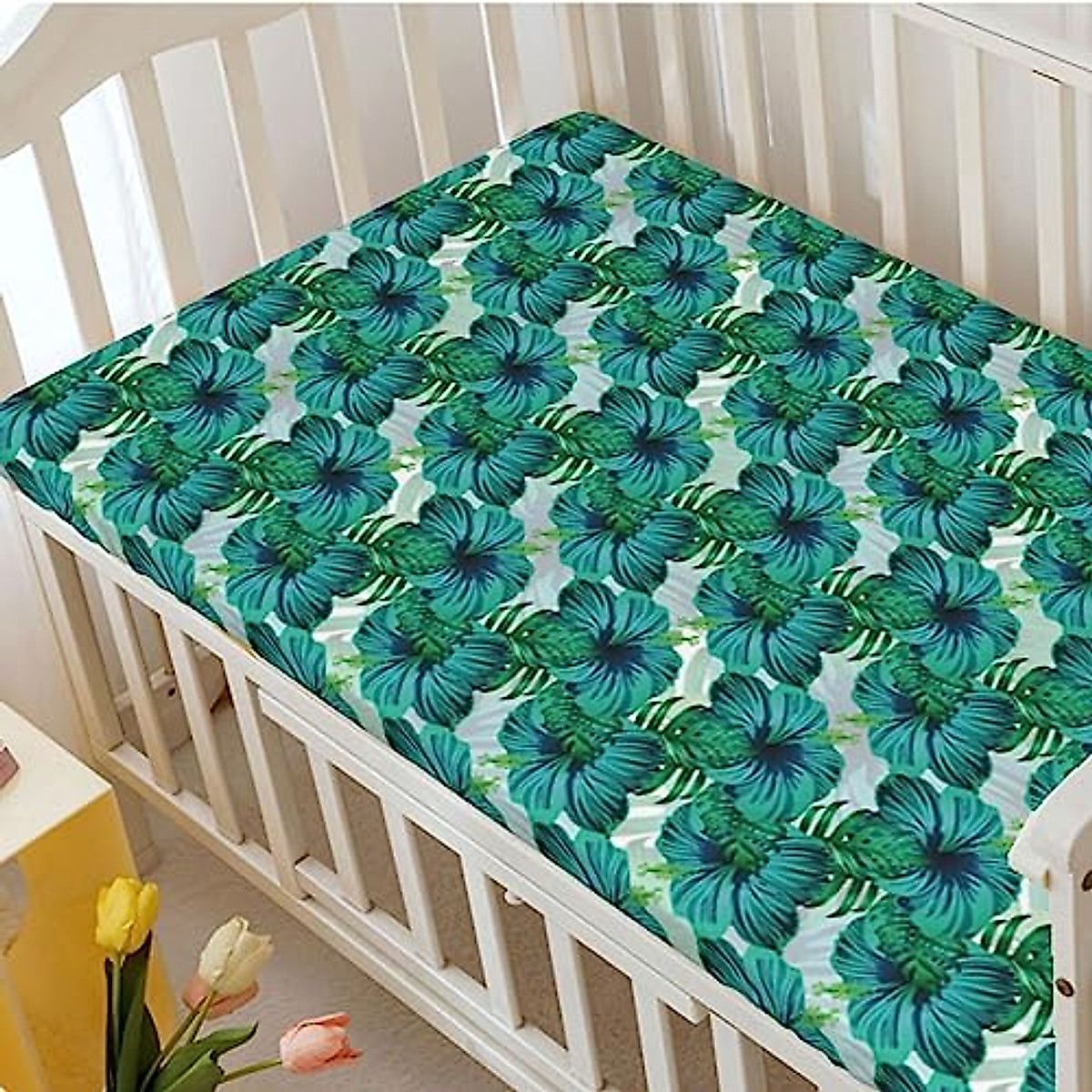 Exotic Themed Fitted Crib Sheet,Standard Crib Mattress Fitted Sheet Soft Toddler Mattress Sheet Fitted - Baby Crib Sheets for Girl or Boy,28“ x52“,Dark Seafoam Sea Green Shamrock Green