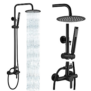 gotonovo Matte Black Outdoor Shower Fixture SUS304 System Combo Set Rainfall Single Handle High Pressure Hand Spray Wall Mount 2 Dual Function Stainless Steel