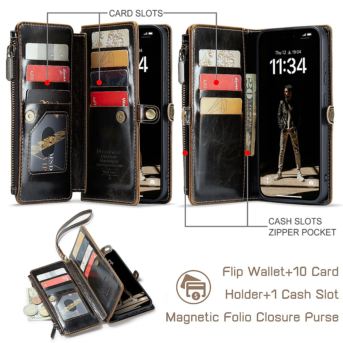 Defencase Compatible with Galaxy A54 5G Case Wallet with RFID Blocking Card Holder for Women Men, PU Leather Magnetic Snap Flip Zipper Strap Wallet Phone Case Fit for Samsung Galaxy A54 5G, Coffee