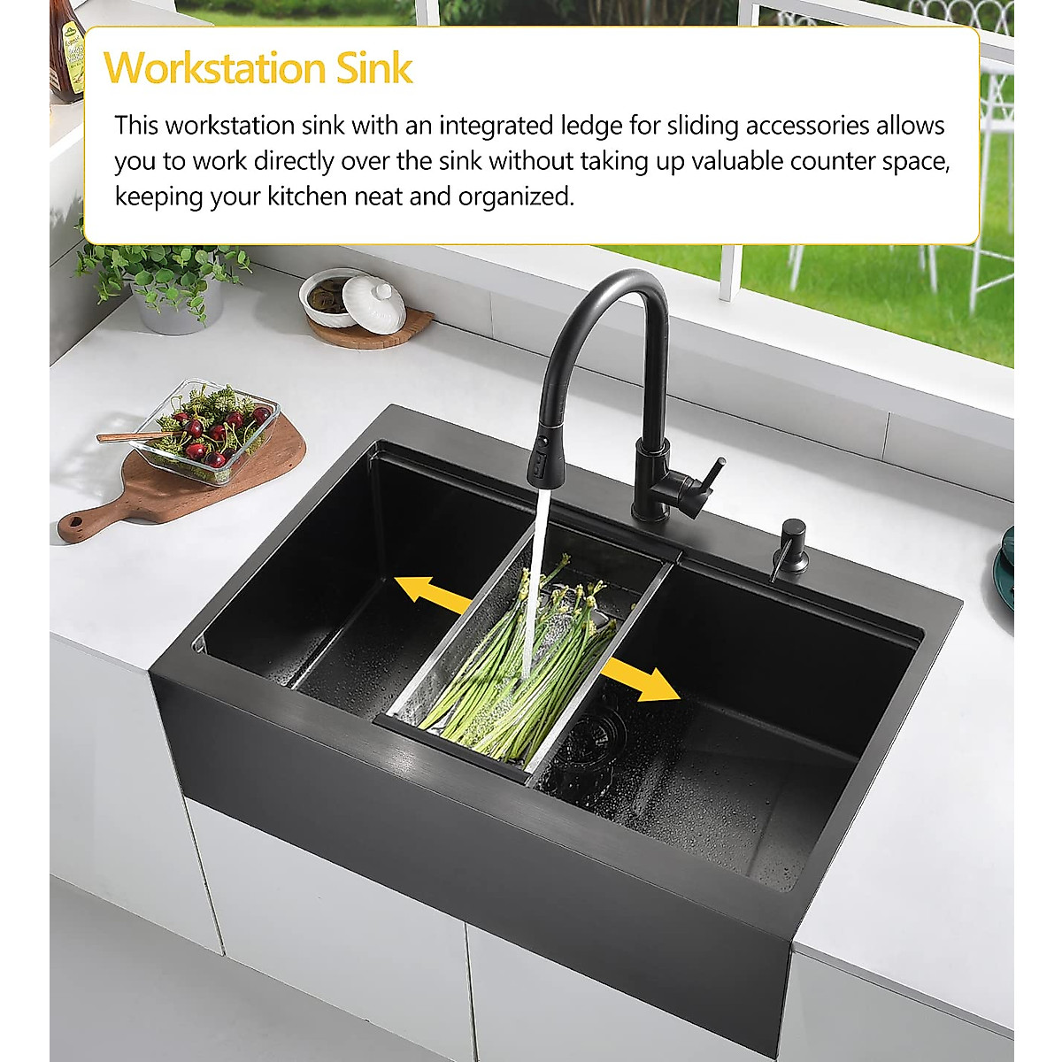 33 Inch Black Drop in Farmhouse Sink, Luckyhorse 33x22x10 Inch 16 Gauge Black Stainless Steel Topmount Workstation Apron Front Kitchen Sink with Accessories LH010S