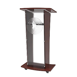 FixtureDisplays® Wood Podium with Frost Acrylic Front Panel, 46.5" Tall Pulpit Lectern with Pray Hand Decor, Easy Assembly Required 1803-5+12152