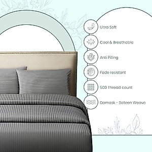 Feather & Stitch 500 TC Full Size Damask Bed Sheet Set, 100% Cotton Soft Breathable Bedsheets, 4 Piece 18" Deep Pockets Sateen Weave Striped Bedding Mattress Resort Hotel Luxury- (Grey, Full)
