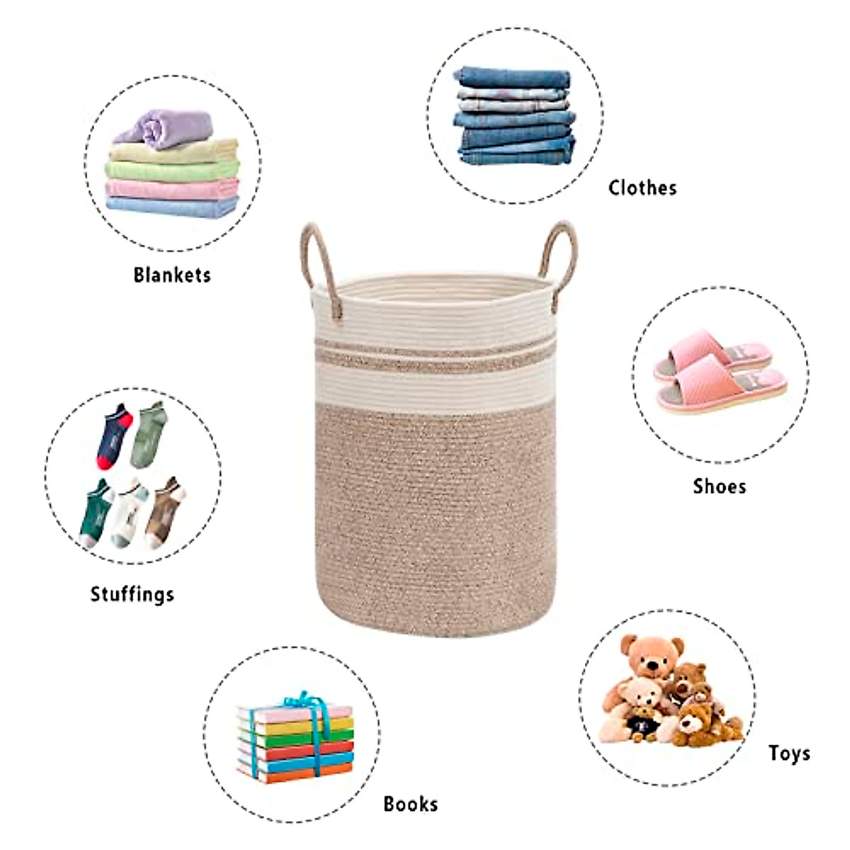 BRAIN & DANY 72L Woven Laundry Basket, Tall Cotton Rope Laundry Hamper with Handles, Large Dirty Clothes Basket Collapsible for Nursery, Bathroom, Laundry Room Organization, Bedroom Storage, Brown & White