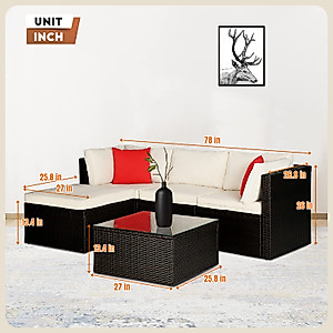5 Pieces Rattan Patio Furniture Sets Patio Sofa Wicker Sectional Sofa Modular Outdoor Conversation Sofa Set with 2 Red Pillow 2 Corner Chair Armless Chair Ottoman Chair Glass Table,Khaki Cushion