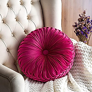 Cassiel Home 14.5” Velvet Round Pinktuck Pillow Hot Pink Spring and Summer Home Decor Handcraft Pleated Round Pillow Decorative Wedding Decoration Farmhouse Boho Accent Throw Pillow for Couch Bed Sofa