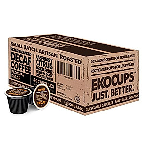 EKOCUPS Organic Swiss Water Decaf Medium Roast Coffee Pods, 30% More Coffee Per Cup, Fair Trade Decaffeinated Coffee for Keurig K Cup Machines, Recyclable Pods, 40 Count