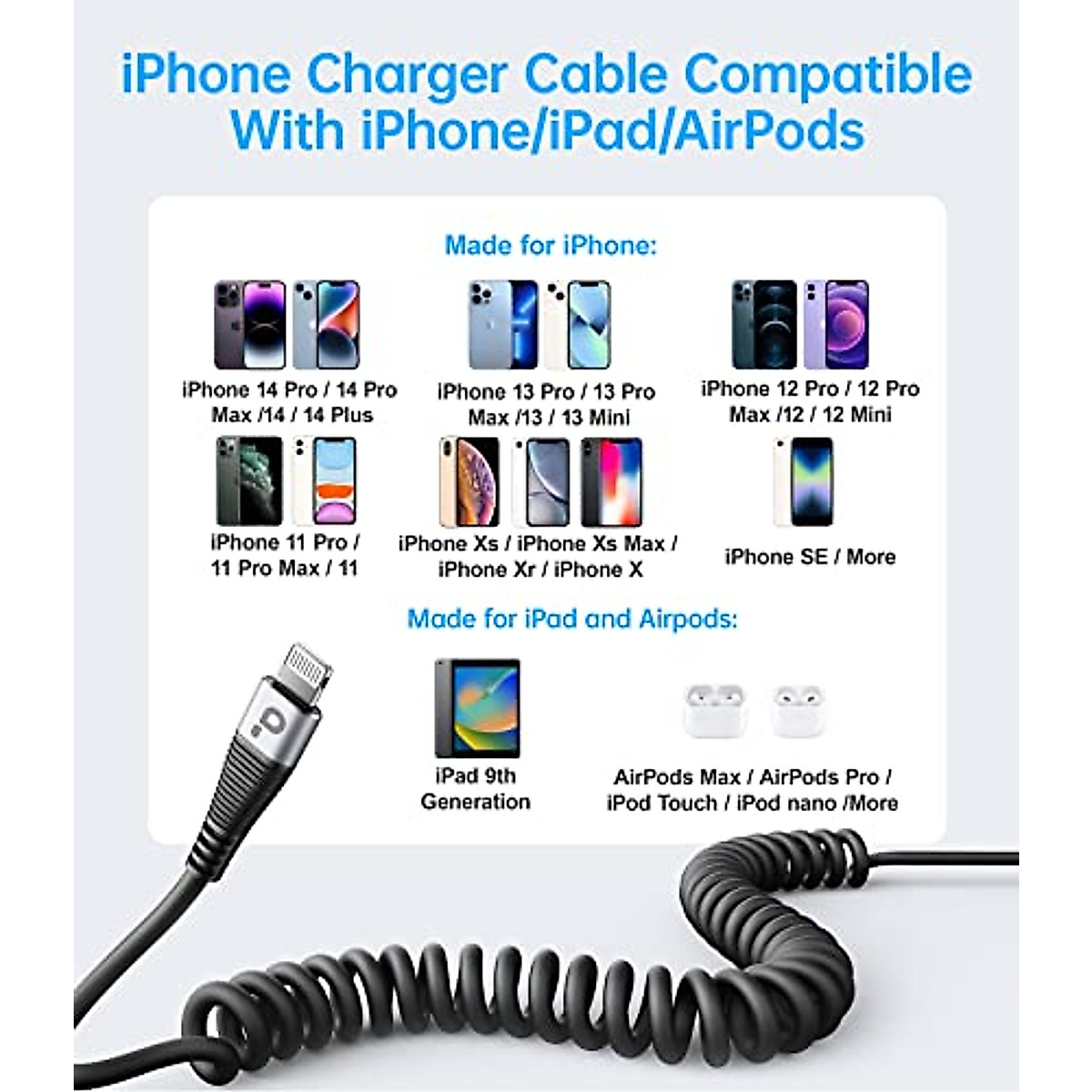 Coiled Lightning Cable 3ft, 2 Pack iPhone Charger Cable for Car, [Apple MFi Certified] Short Retractable Charging Cord Compatible with iPhone 14/13/12/11 Pro Max/XS MAX/XR/XS/8/iPad/iPod/CarPlay