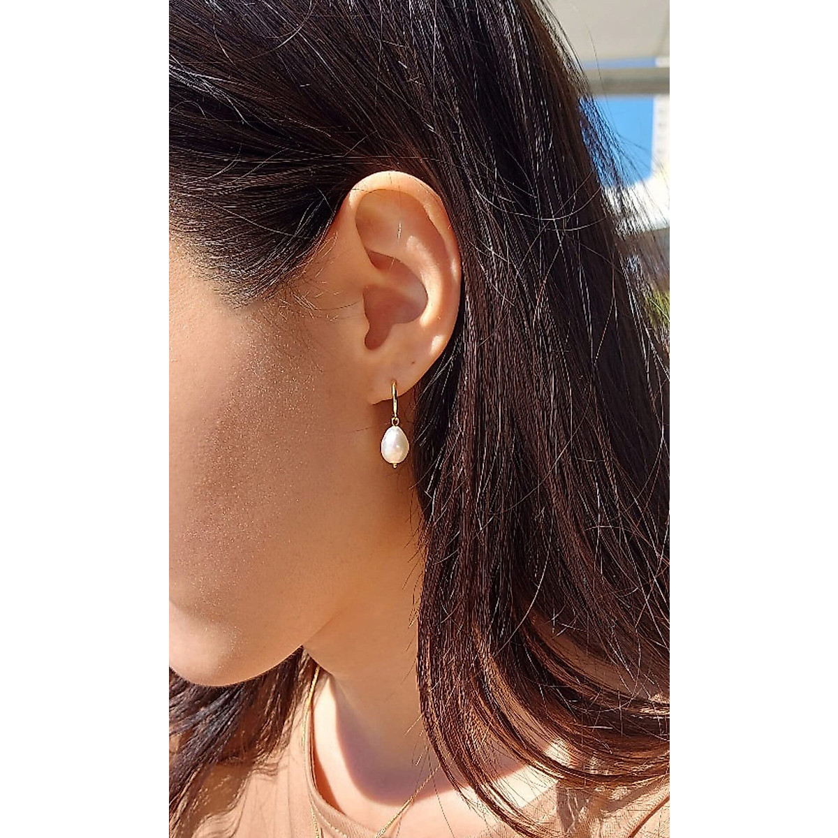 Small Pearl Huggie Hoop Earrings with Dangle for Women, Sterling Silver Drop Huggie Earring with Charm for Everyday