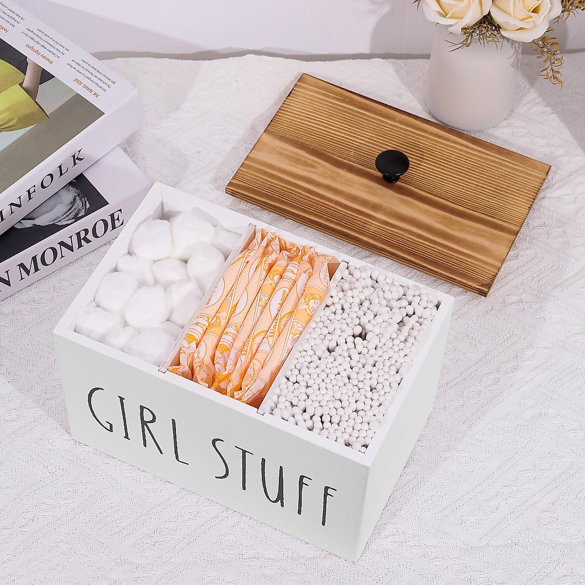 Tampon Holder for Bathroom, Farmhouse Pad Orgainzier Container, Rustic Wood Bathroom Storage Bin with Lid, Movable Partition Feminine Product Organizer, Tampon Storage Container (White &Wood Lid)