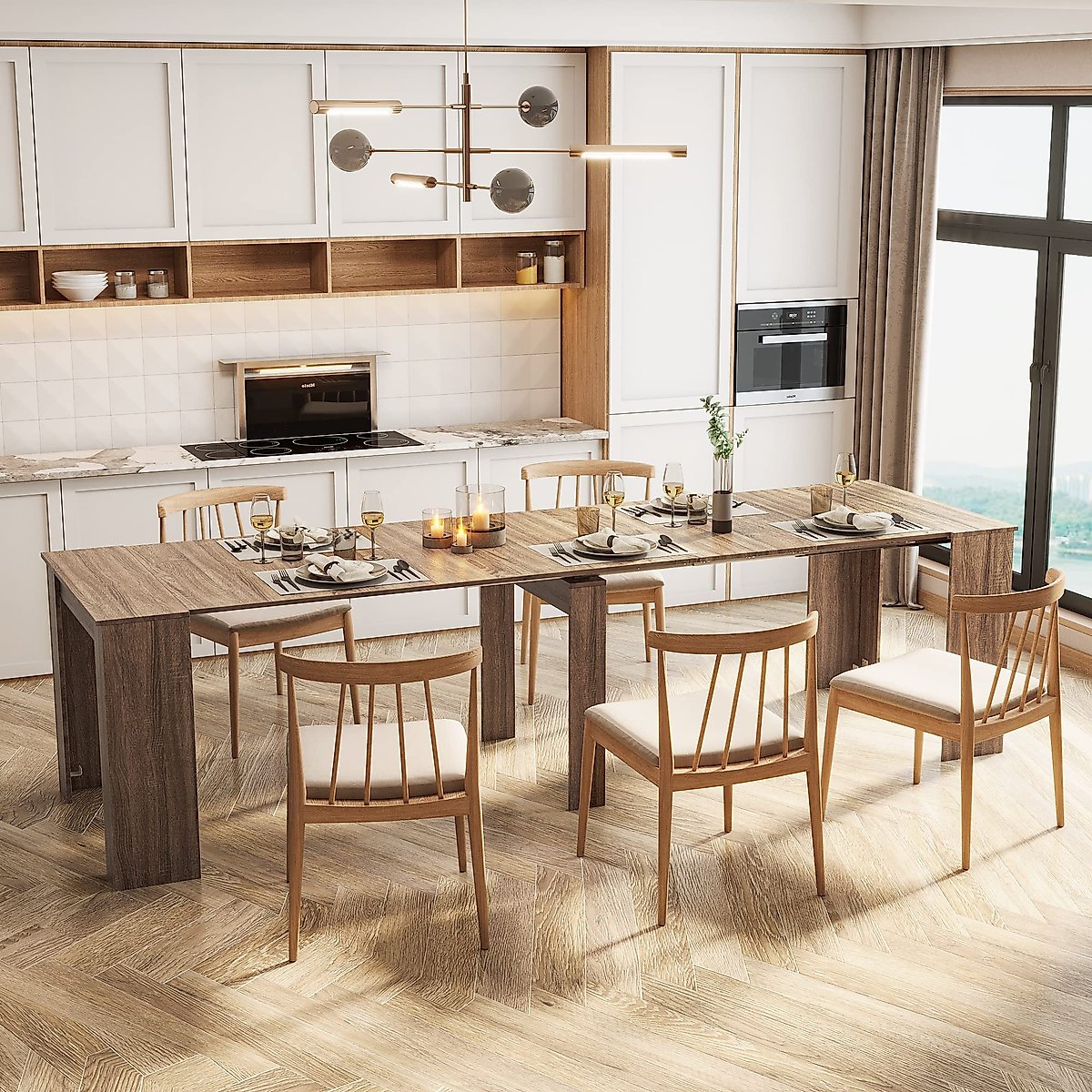 Pvillez Extendable Dining Table, 118.5" Modern Rectangular Extendable Table, Wooden Kitchen Table Dining Room Table, Long Desk Table Large Console Table Office Table for 6 8 10 12 People (White Oak)