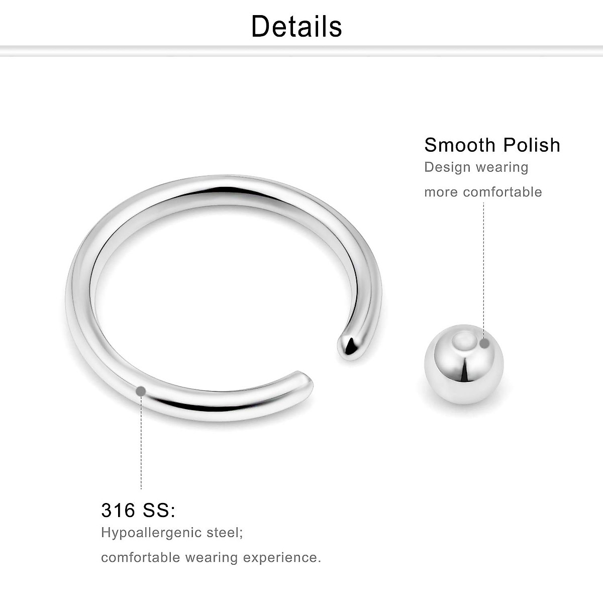 Dyknasz 30Pcs Stainless Steel Earrings Hoop Rings for Women Men Nose Lip Tragus Helix Ear Septum Nipple Belly Captive Bead Rings Body Piercing Jewelry 14G Silver-Tone Rose Gold Black 8mm 10mm 12mm