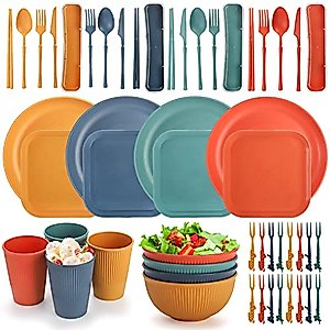 Lyellfe 44 Pieces Wheat Straw Dinnerware Sets, Unbreakable Camping Plates Cups and Bowls Set, Eco Friendly Lightweight Kitchen Dish with Knives, Forks, Spoons, Dishwasher Microwave Safe