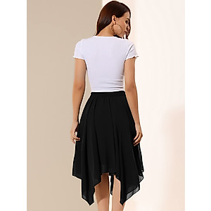 Allegra K Women's Elastic Waist Chiffon Handkerchief Hem Midi Skirt Medium Black