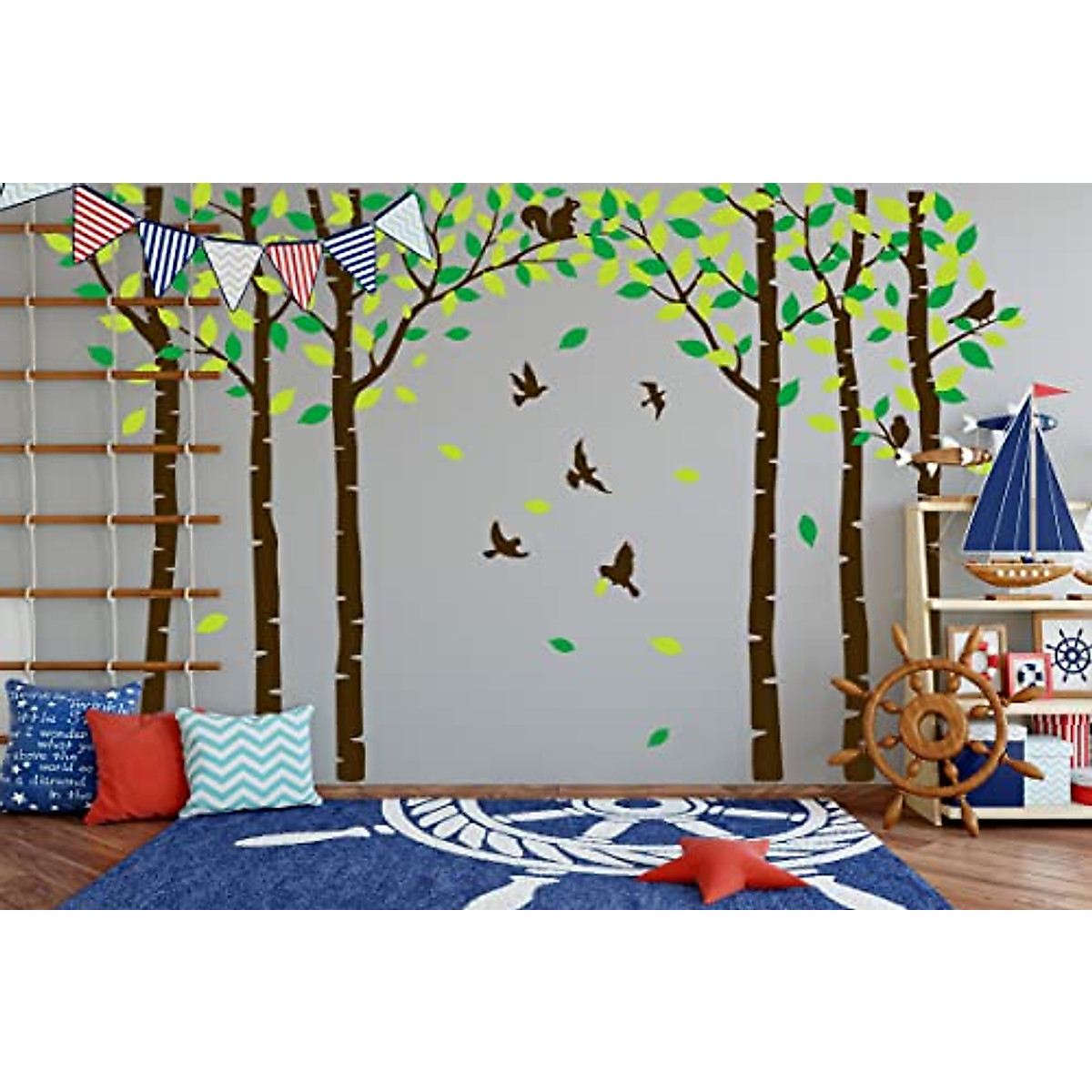 Six Birch Tree Wall Decals Birds Cute Squirrel Forest Wall Stickers for Kids Room Nursery Bedroom Living Room Classroom Decoration (Brown,Green)