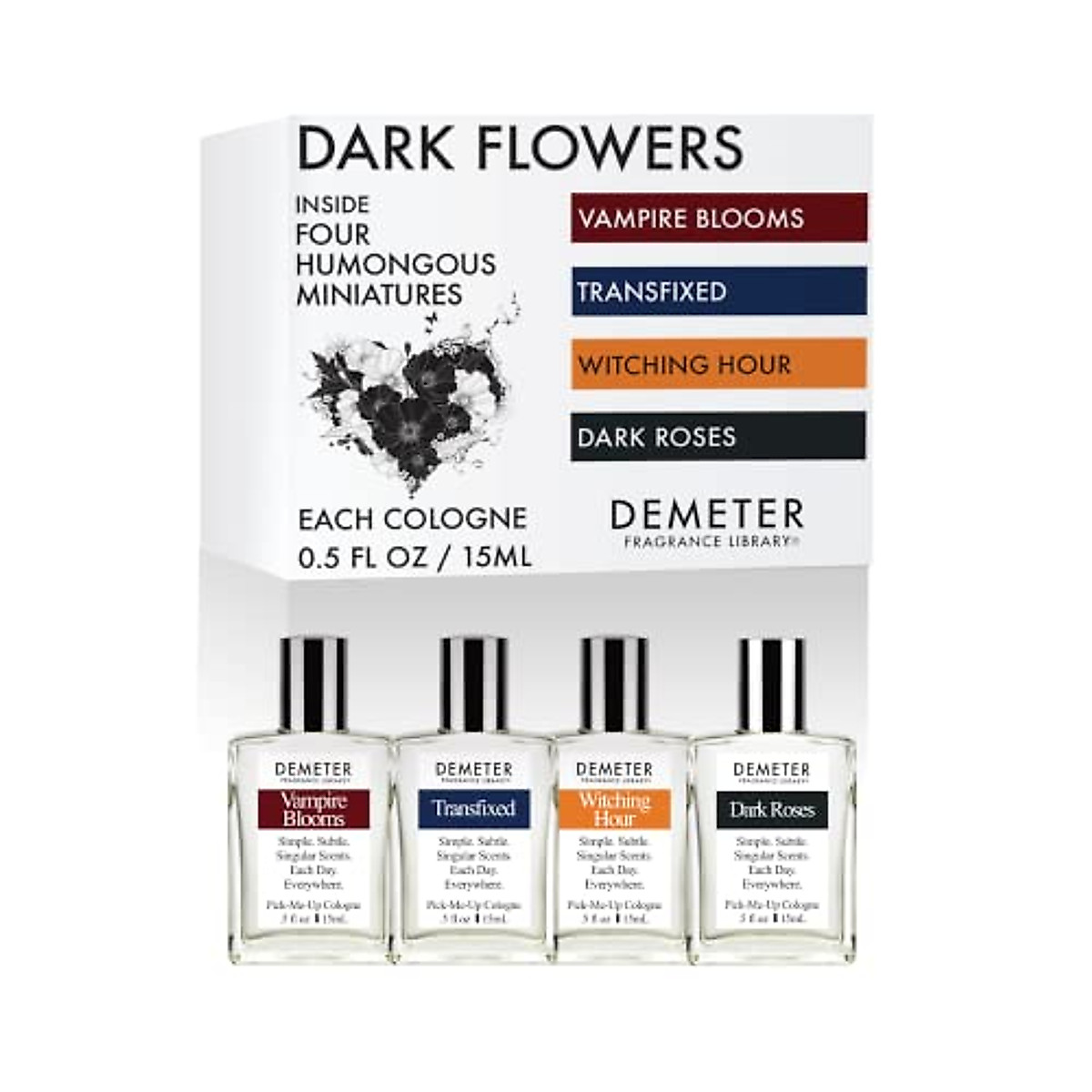 DEMETER Fragrance's Dark Flowers Humongous Miniature Set of 4 - Witching Hour - Dark Roses - Vampire Blooms - Transfixed - Perfume Sampler Set for Women