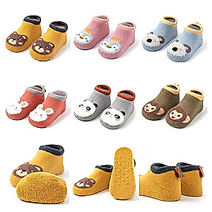6 Pairs Baby Anti Slip Non Skid Low Cut Socks No-Show Infant Cotton Cartoon Warm Slippers Floor Boat Ankle Socks (Animal style A, 12-36 month)