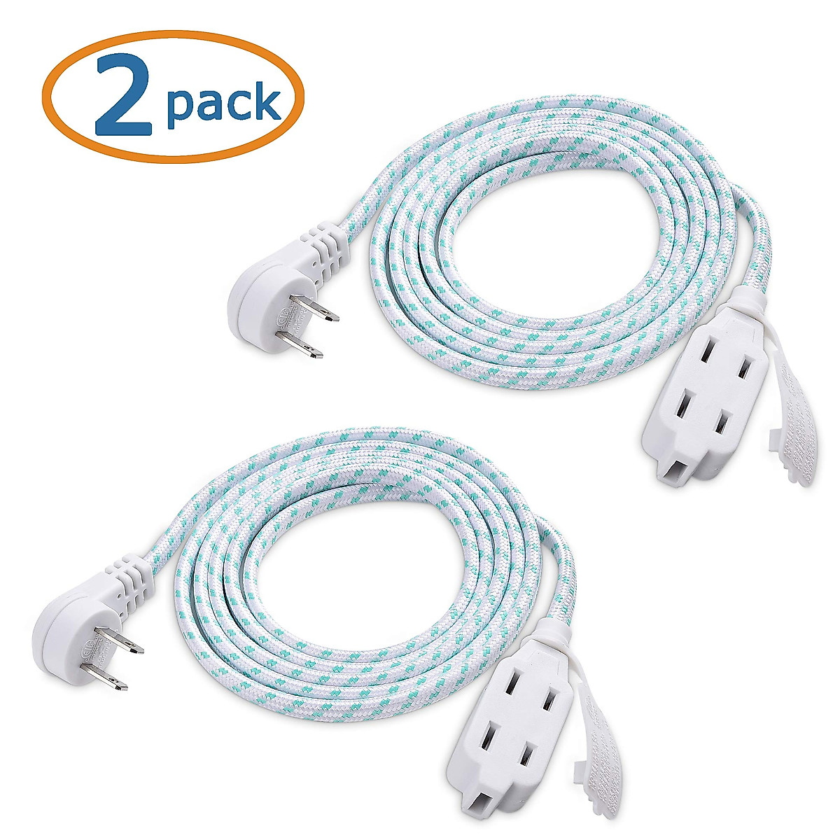 Cable Matters 2 Pack Premium Braided 3 Outlet Flat Extension Cord 2 Prong 6 ft with Low Profile Plug