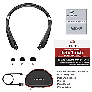 AMORNO Foldable Bluetooth Headphones Wireless Neckband Headset with Retractable Earbuds, Sports Sweatproof Noise Cancelling Stereo Earphones with Mic