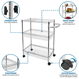 Mount-It! Mesh Wire Rolling Cart | 3-Tier Multi-Function Metal Trolley for Kitchen Storage and Organization | Heavy-Duty Storage Cart with Wheels and Handle | Silver