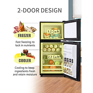 KRIB BLING 3.5 Cu.Ft Compact Refrigerator with Freezer, Retro Fridge, Mini Fridge with Two Door Design, 7 Level Adjustable Thermostat for Dorm, Office, Bedroom, Apartment, Black