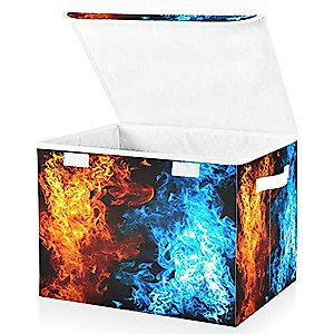 Kigai Red and Blue Fire Storage Basket with Lid Collapsible Storage Bin Fabric Box Closet Organizer for Home Bedroom Office 1 Pack