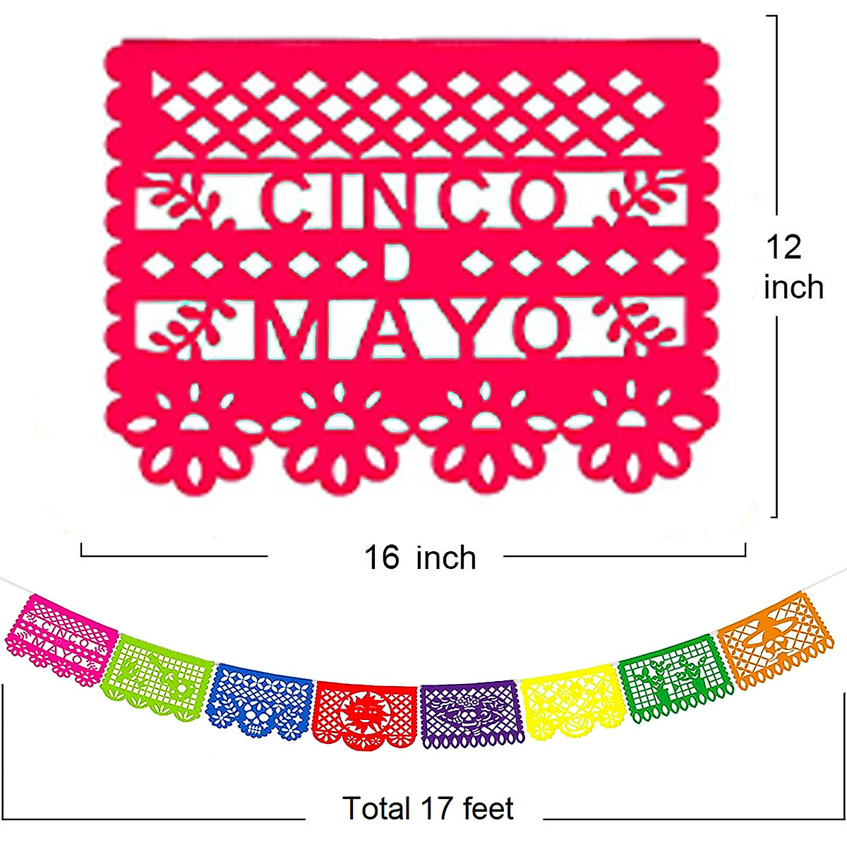 KUCHERI 5 Packs 85Ft Mexican Party Banners, Mexican Themed Party Decorations, Plastic Papel Picado Banner, For Fiesta Party Decorations, Cino de Mayo, Day of The Dead, 85 Feet Long Total