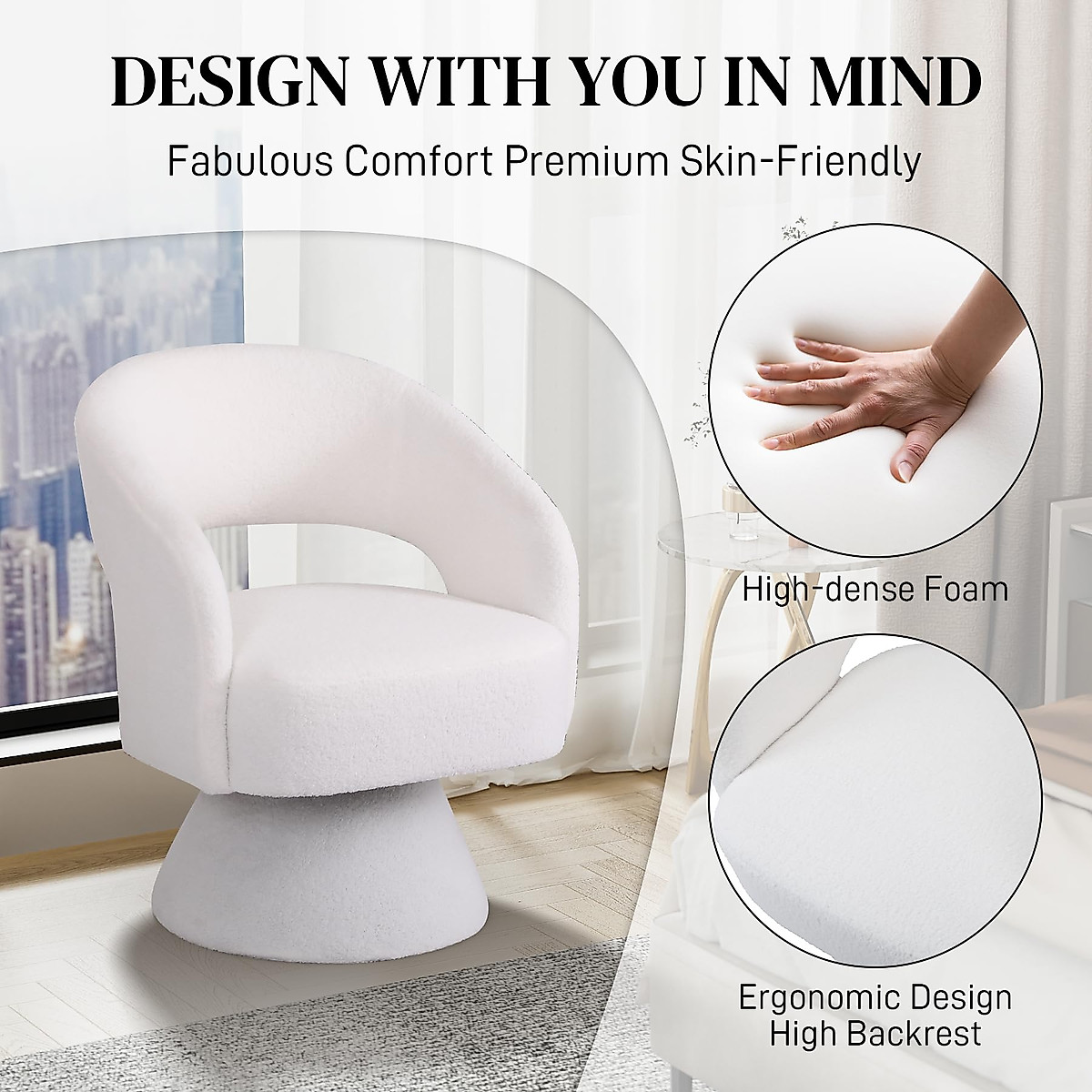 DAMAIFROM Swivel Accent Chairs Set of 2, 360 Degree Swivel Barrel Chairs, Upholstered Modern Armchairs, Swivel Chairs for Living Room, Bedroom, Office (White, Teddy)