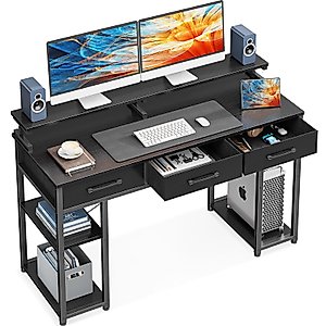 ODK Computer Desk with Drawers and Storage Shelves, 48 inch Home Office Desk with Monitor Stand, Modern Work Study Writing Table Desk for Small Spaces, Black