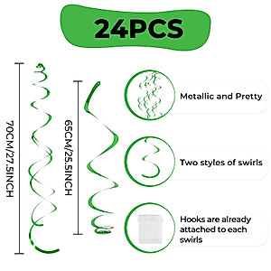 24 PCS Green Hanging Swirl, Sparkle Ceiling Hanging Decorations, Plastic Streamer Party Decorations with Double-Swirls and Single-Swirls for Birthday Decorations, Graduation, Baby Shower