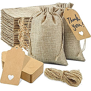 24 Pieces 5 x 7 Inch Brown Burlap Gift Bags Linen Burlap Present Bags Party Favor Jewelry Pouches with Drawstring Treat Goodies Bag for Christmas, Wedding Party and DIY Craft Packing with Tags, Brown
