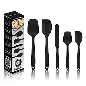 OVENTE Set of 5 Silicone Spatula , Food Grade Rubber Spatulas Heat Resistant w/ Stainless Steel Core & Seamless Design, Non Stick Rubber Spatula for Mixing, Baking & Cooking Black SP12305B