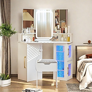 JanflyHome Vanity Desk, 57" Makeup Vanity Desk with Mirror and Lights, White Vanity Set with Charging Station & RGB Cabinets, Vanity Table with Storage Stool, Corner Vanity Desk for Girls Bedroom……