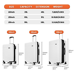 PRIMICIA GinzaTravel 3-Piece Luggage Sets Expandable Suitcases with 4 Wheels PC+ABS Durable Hardside Luggage sets TSA lock(White, 3-Piece Set(20"/25"/29"))