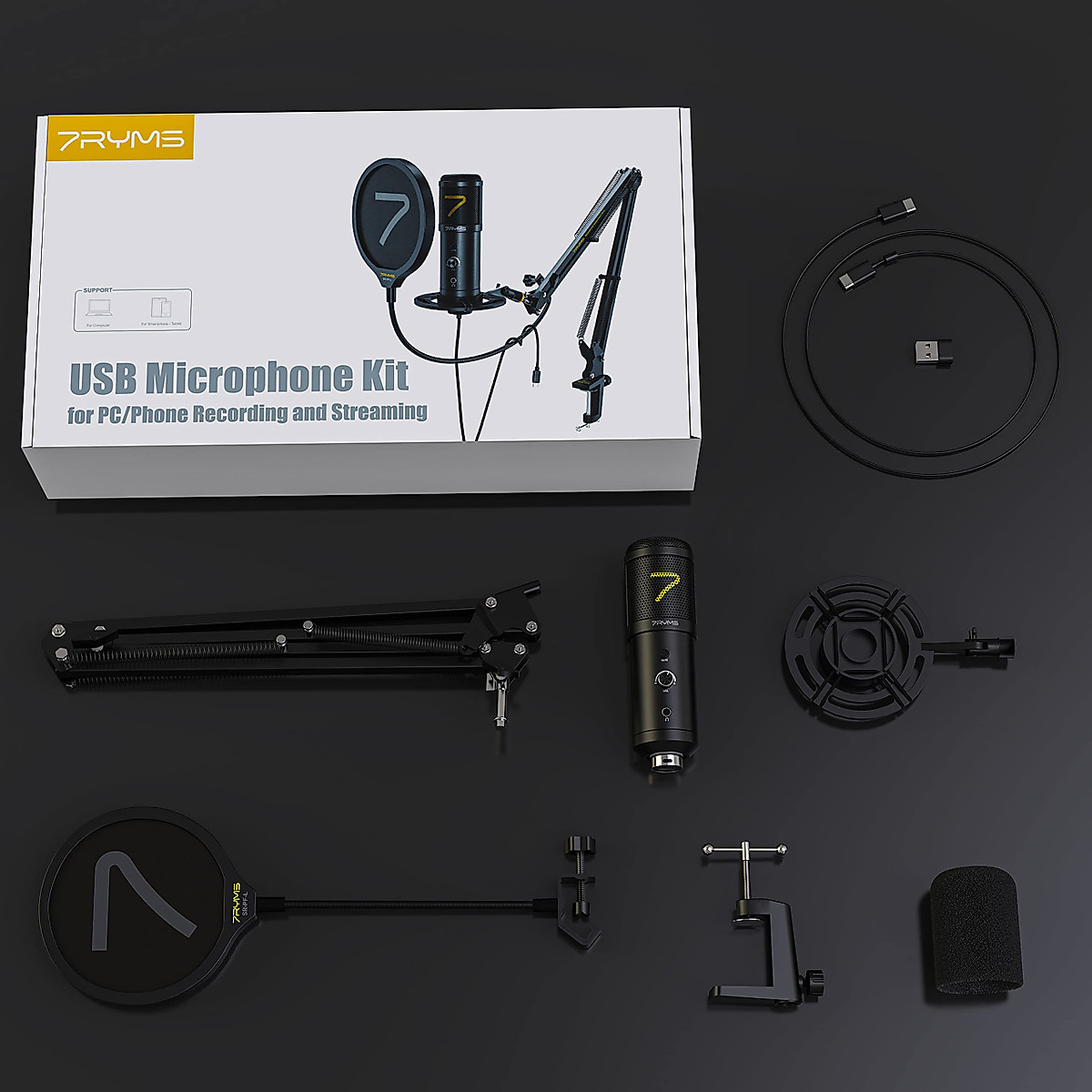 7RYMS SR-AU01-K1 Podcast Microphone Kit with Arm Stand, USB Condenser Microphone for Computer PC Smartphone, Suitable for Gaming Singing Podcasting Recording Live-Streaming
