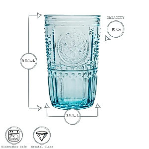 Bormioli Rocco Romantic Set Of 6 Cooler Glasses, 16 Oz. Colored Crystal Glass, Light Blue, Made In Italy.