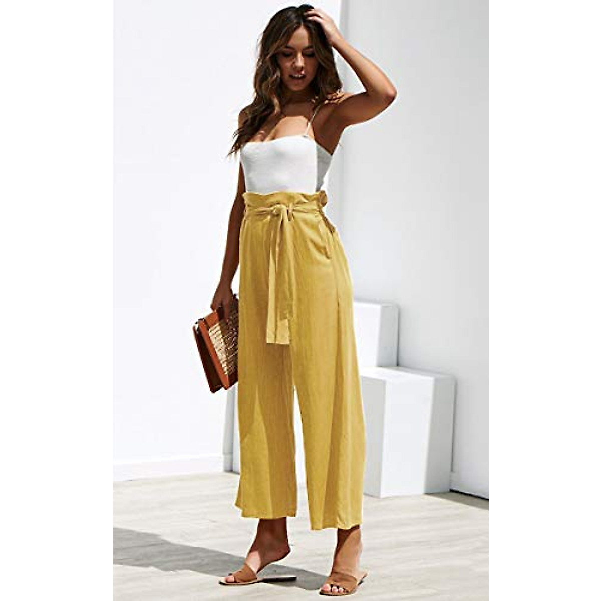 ECOWISH Palazzo Pants for Women: Wide Leg Flowy Polka Dot Work Pants Pockets High Waist Business Belt Striped Trousers Loose Yellow Medium
