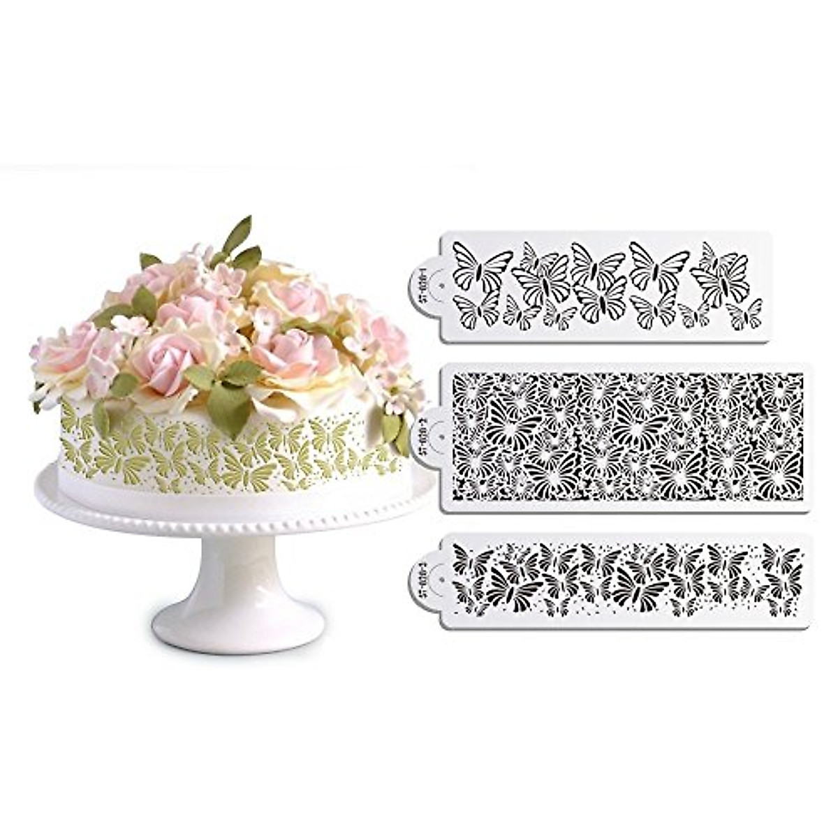 ART Kitchenware 3pcs/set Butterflies Stencil for Cake Side Decoration Fondant Wedding Cake Decorating Stencil Mold Icing Royal Stencil Tool ST-828 Beige/Semi-Transparent