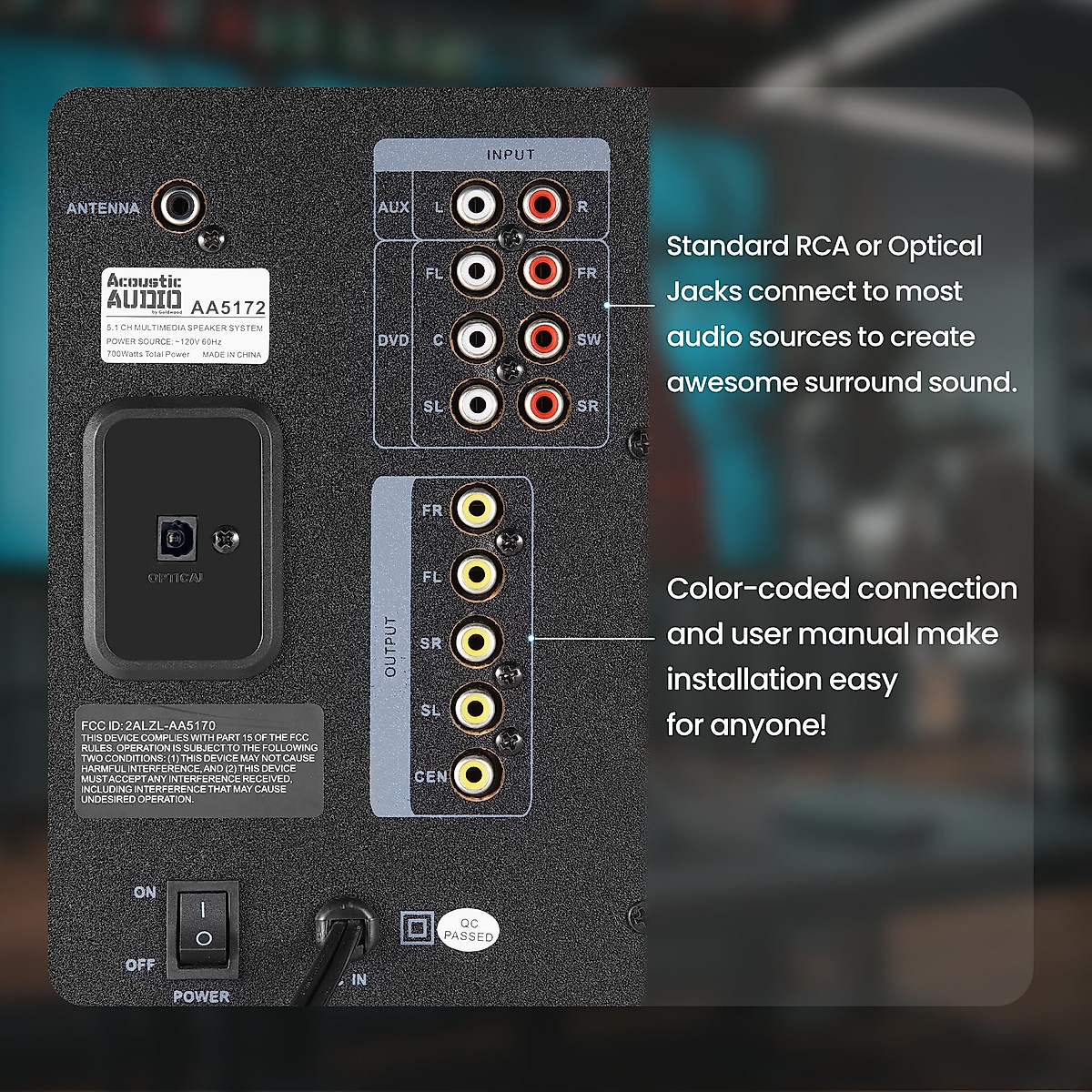 Acoustic Audio AA5172 700W Bluetooth Home Theater 5.1 Speaker System with FM Tuner, USB, SD Card, Remote Control, Powered Sub (6 Speakers, 5.1 Channels, Black with Gray)