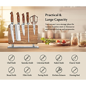 Strong Double Sided Magnetic Knife Block Without Knives, with Acacia Wood+430 Stainless Steel Base，Magnetic Universal Stands with Strong Enhanced Magnets Strip Kitchen Storage Cutlery Large Organizer